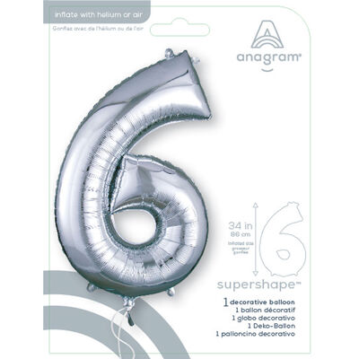 34 Inch Silver Number 6 Helium Balloon From 2.00 GBP | The Works
